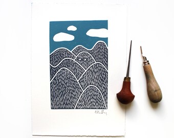 Mountain linocut | Etsy