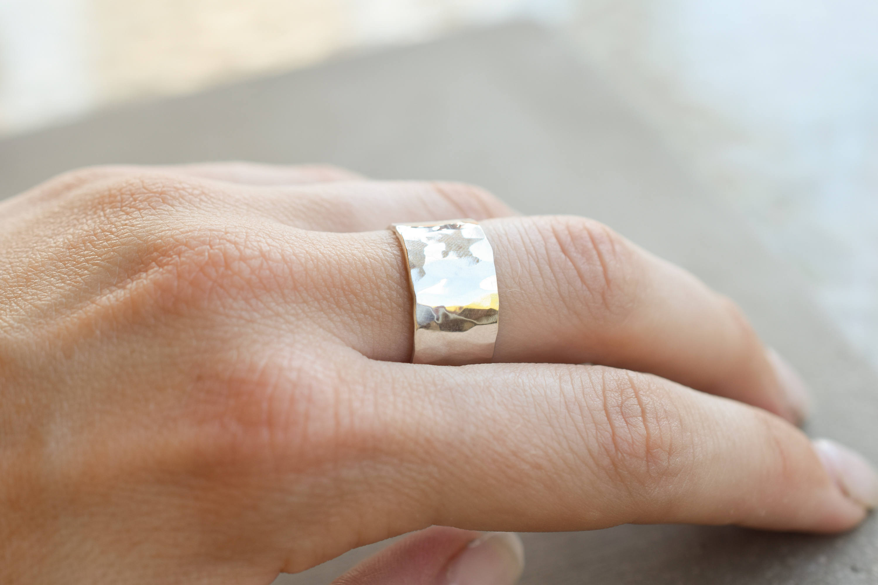 Wide band hammered sterling silver ring 10 mm sterling silver
