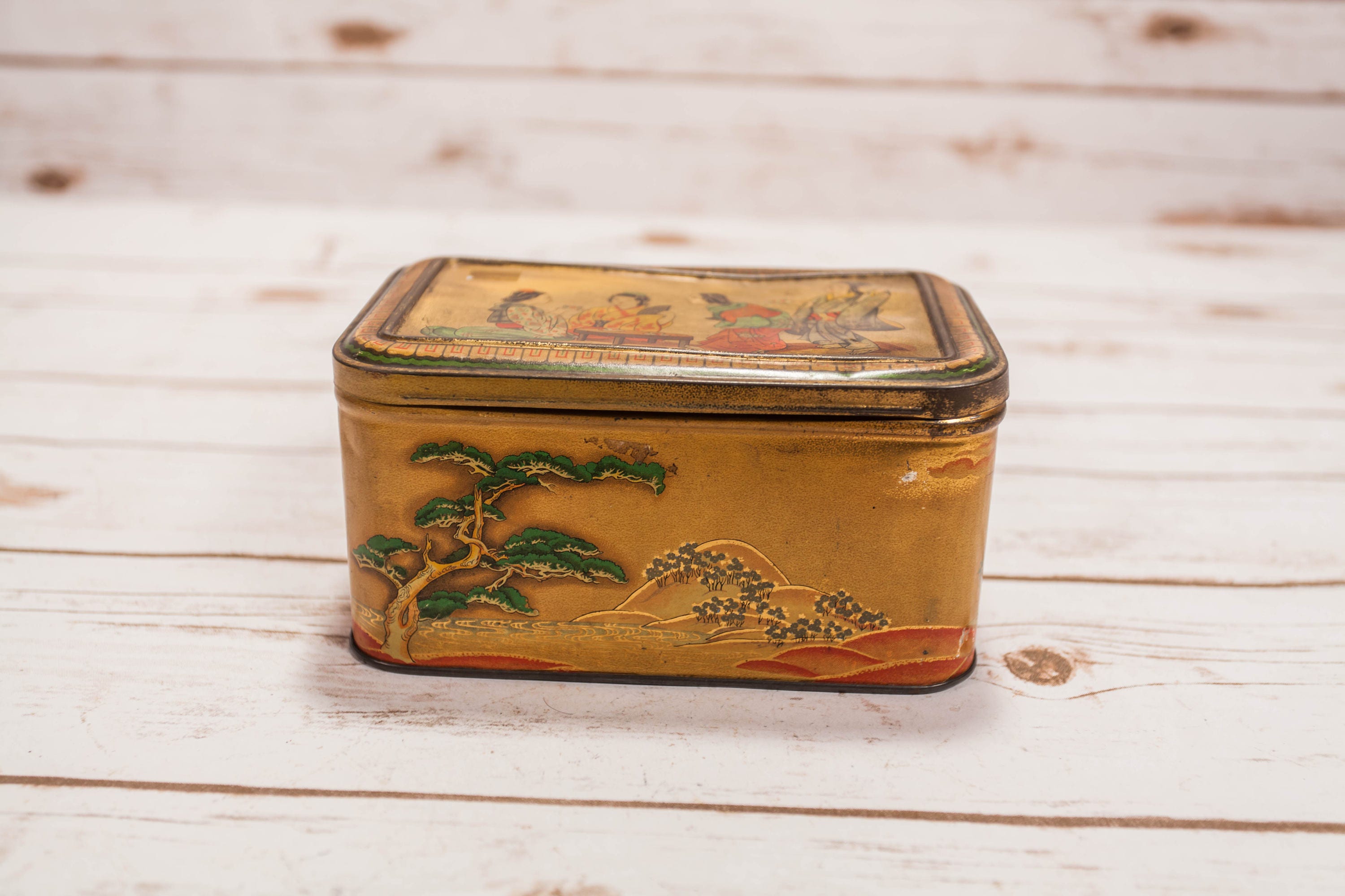 Vintage Oriental Tea Tin Box Yellow Gold Storage Spice Candy Kitchen ...
