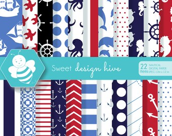 Red and Blue Nautical Digital Paper with Lobster Shark Oar