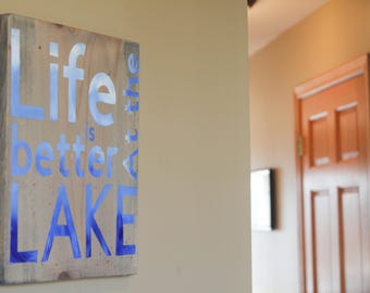 Rustic go jump in the lake sign/blue and white/lake/beach