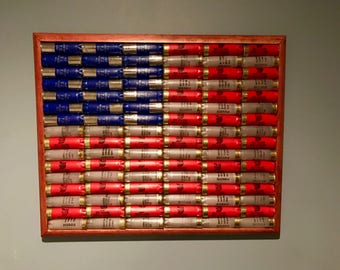 Shotgun Shell American Flag in a faux barnwood shadowbox