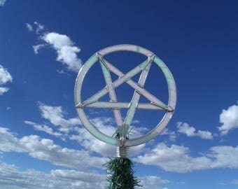 Wiccan Tree Topper Yule Decoration Stained Glass Pentagram