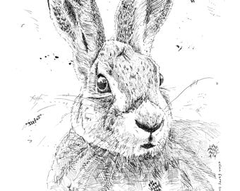 Original Pen and Ink Pointillism Drawing of a RABBIT