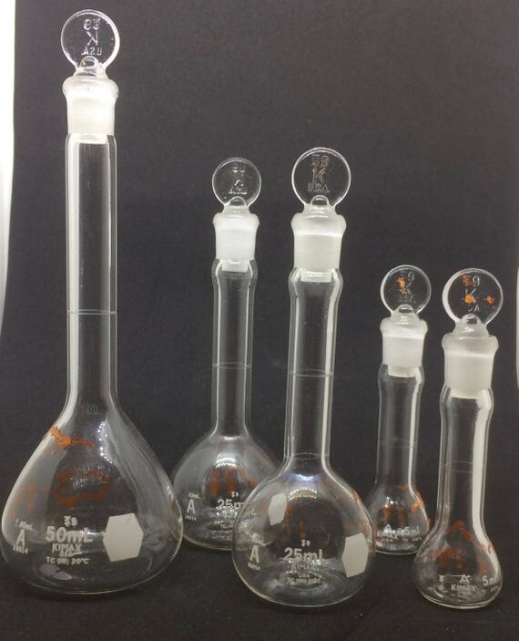 5 vintage volumetric flasks 50 ml 25 ml and 5 ml Kimax