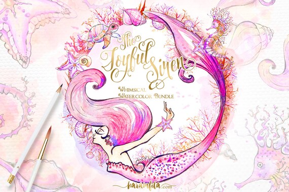 Watercolor Mermaid Clipart Summer Clipart Starfish Seahorse