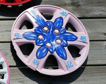Fun Whimsy Hubcap Flower Hub Cap Art Hand Painted wall or