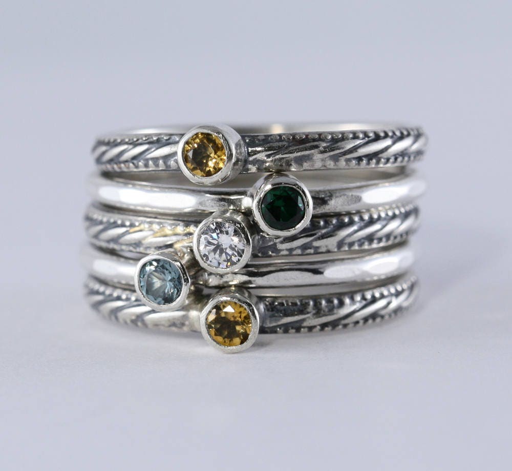 5 Stacking Rings with Birthstones Mother's Rings Family