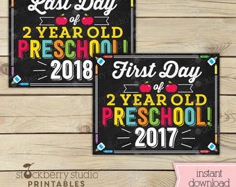 First Day Of 2 Year Old Preschool School Chalkboard Sign