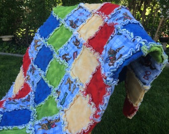 Flannel Rag Quilt Cowboy Motif Red Blue Plaid Denim Teddy Bear