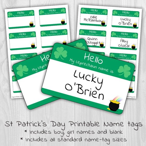 St Patrick's Day Leprechaun Name Tags Printable Digital