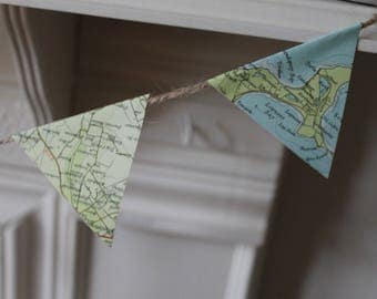 Map bunting upcycled garland vintage map pennants world