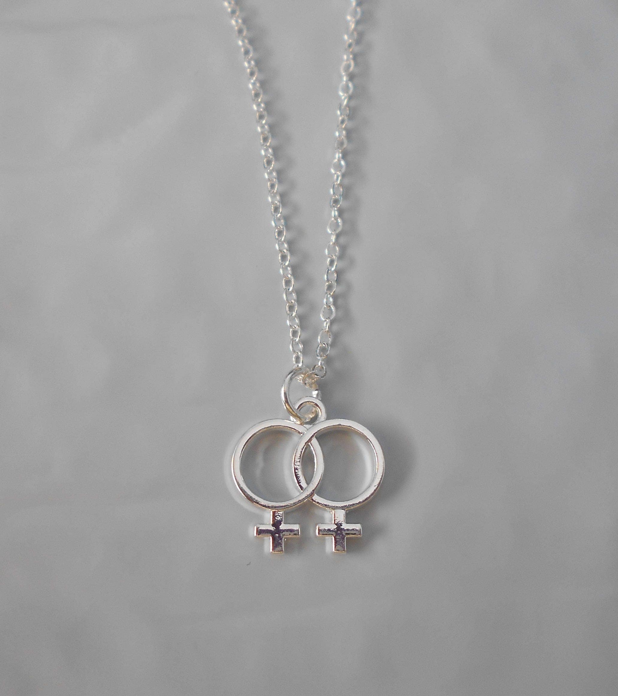 Silvertone double Venus symbol necklace lesbian woman