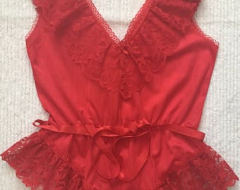 Sexy Vintage 80's RED SATIN TEDDY with Black Lace Romper