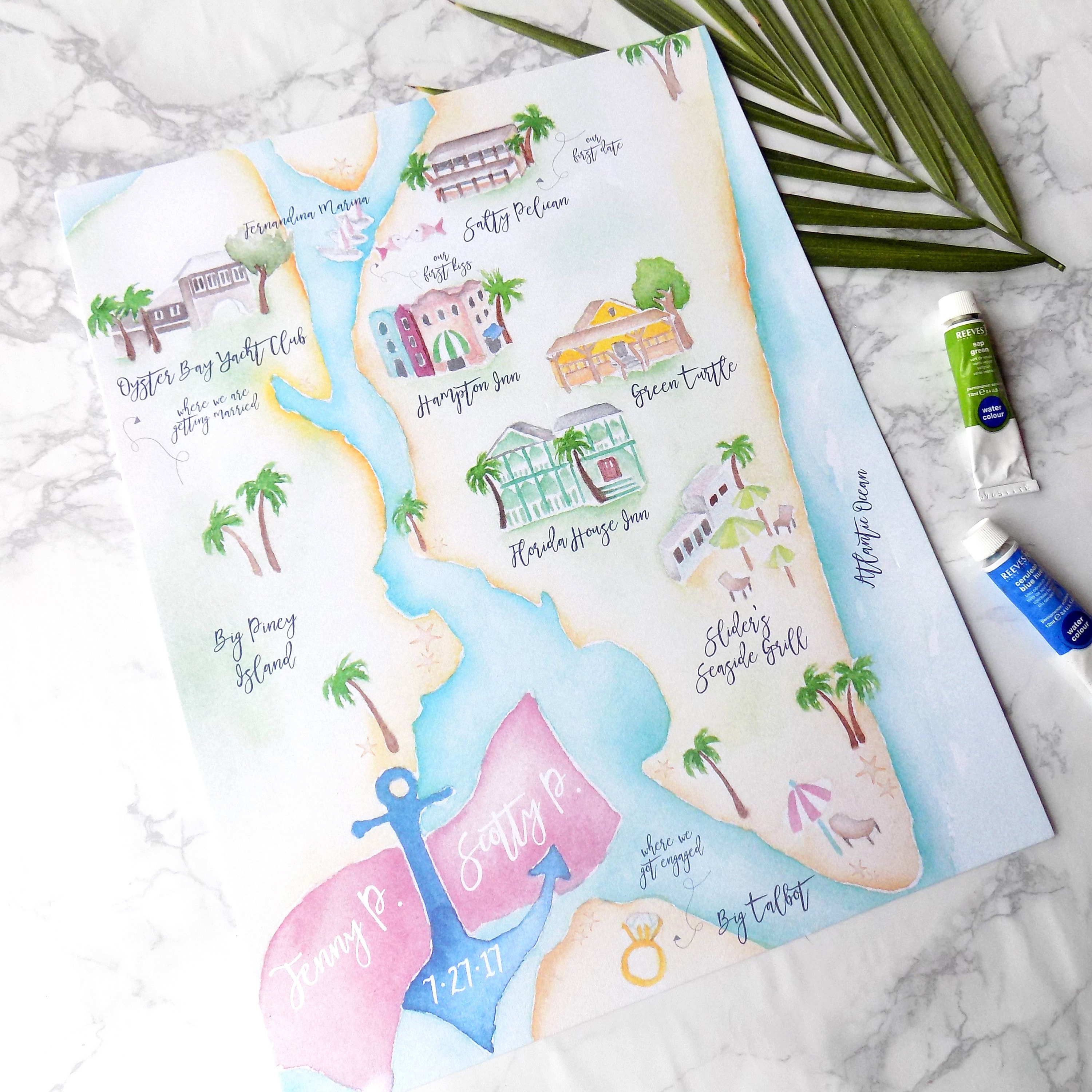 Custom Wedding Map Watercolor Wedding Map Save the Date Palm