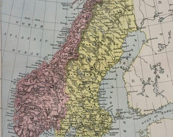 Old Vintage Map of Norway Sweden Scandinavia Antique Norwegen