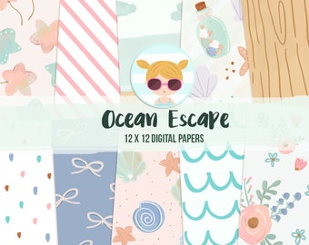 Beach digital papers BLUE SEA PATTERNS shells