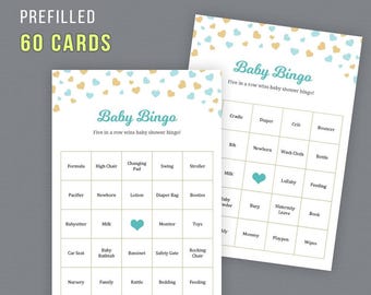 Baby Shower Bingo Game: Blue & Green Clothes Line LOTERIA
