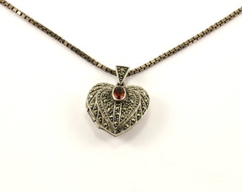 Vintage Marcasite Heart w/ Rhinestone flower Heart Necklace