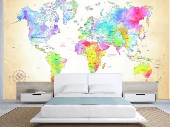 world map wall mural painting map wallpaper colorful world