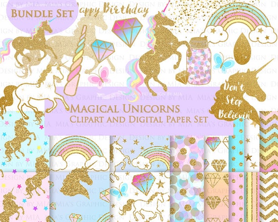 Magical Unicorns, Gold Glitter Unicorns, Einhorn, Unicorn Digital ...
