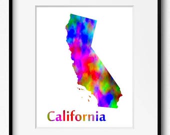 California state map watercolor styled print rainbow CA Cali