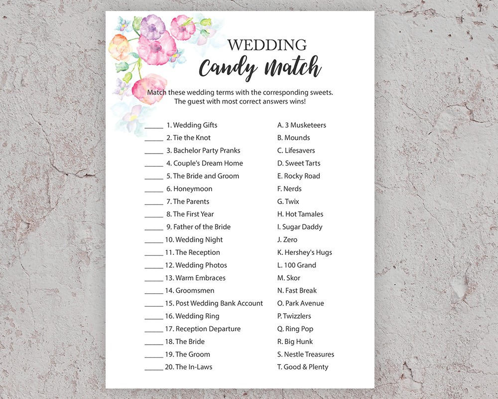 Wedding Candy Match Bridal Shower Games Candy Game Candy