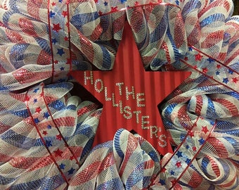 Patriotic Red White and Blue Star Deco Mesh Wreath/4th Of