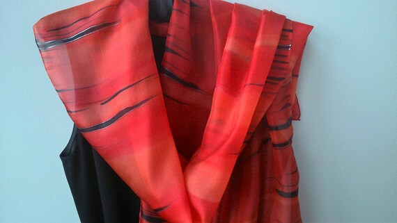 Red Hand Painted Silk Scarf. 18x71 inch Long Red and Black