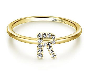 Diamond initial ring 14k gold pave diamond