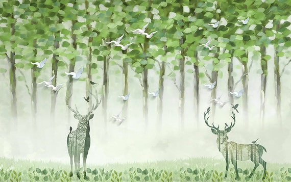 Wall Covering Green Forest Wall Mural Wallpaper Moose Deer