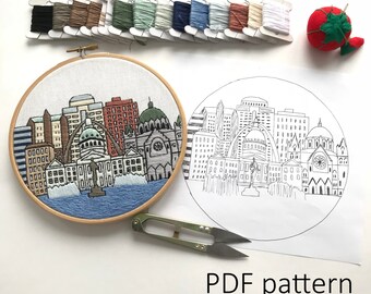 Doha Qatar Hand Embroidery pattern PDF. Embroidery Hoop art