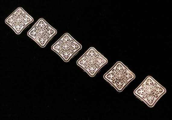 6 Diamond Square Shaped Silver Metal Buttons Black Accents 6