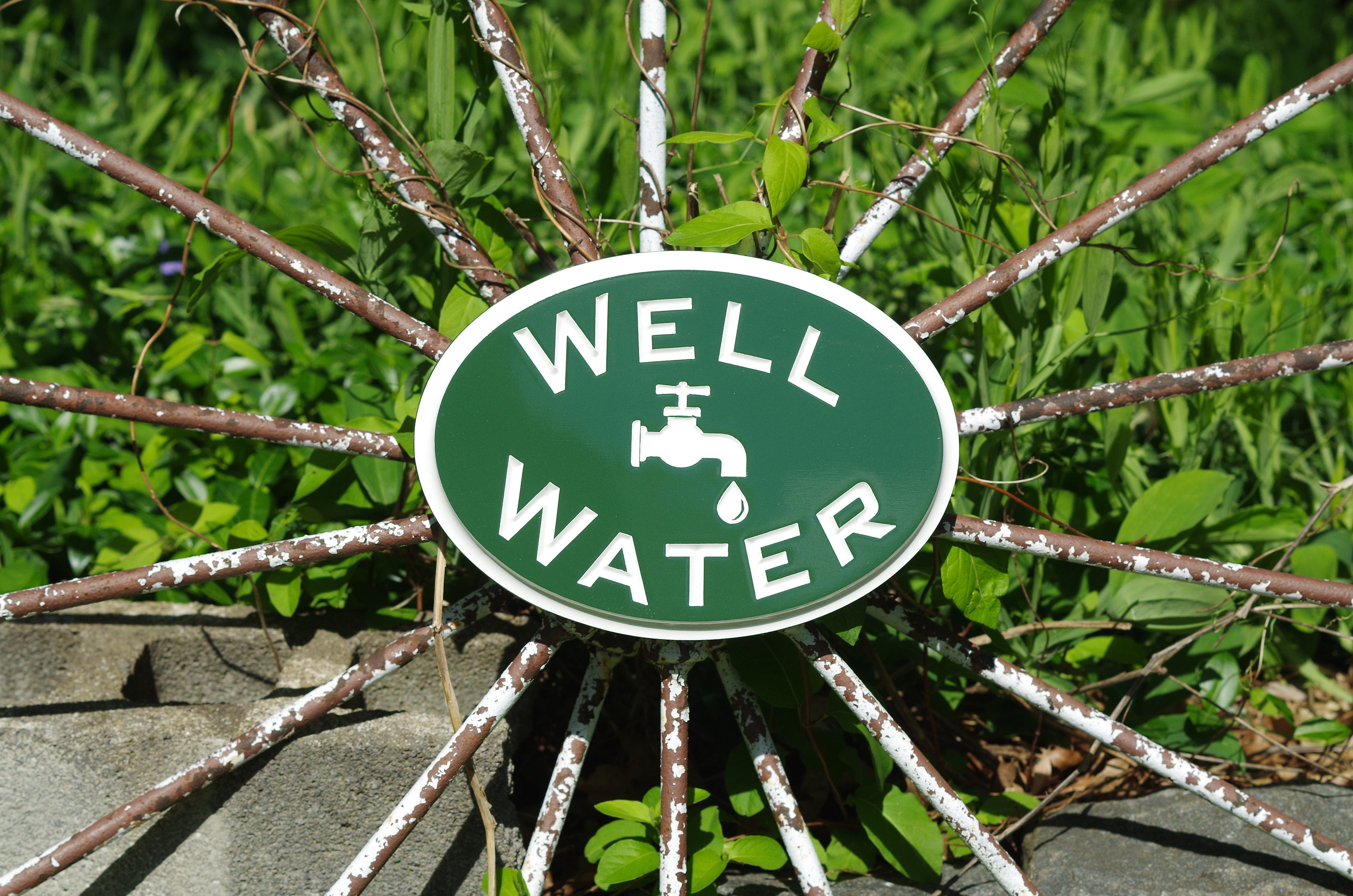 Carved Well Water notice Plaque Irrigation Sign with faucet