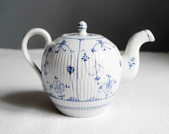 Asian Hexagonal Cobalt Blue and White Teapot Vintage Hand