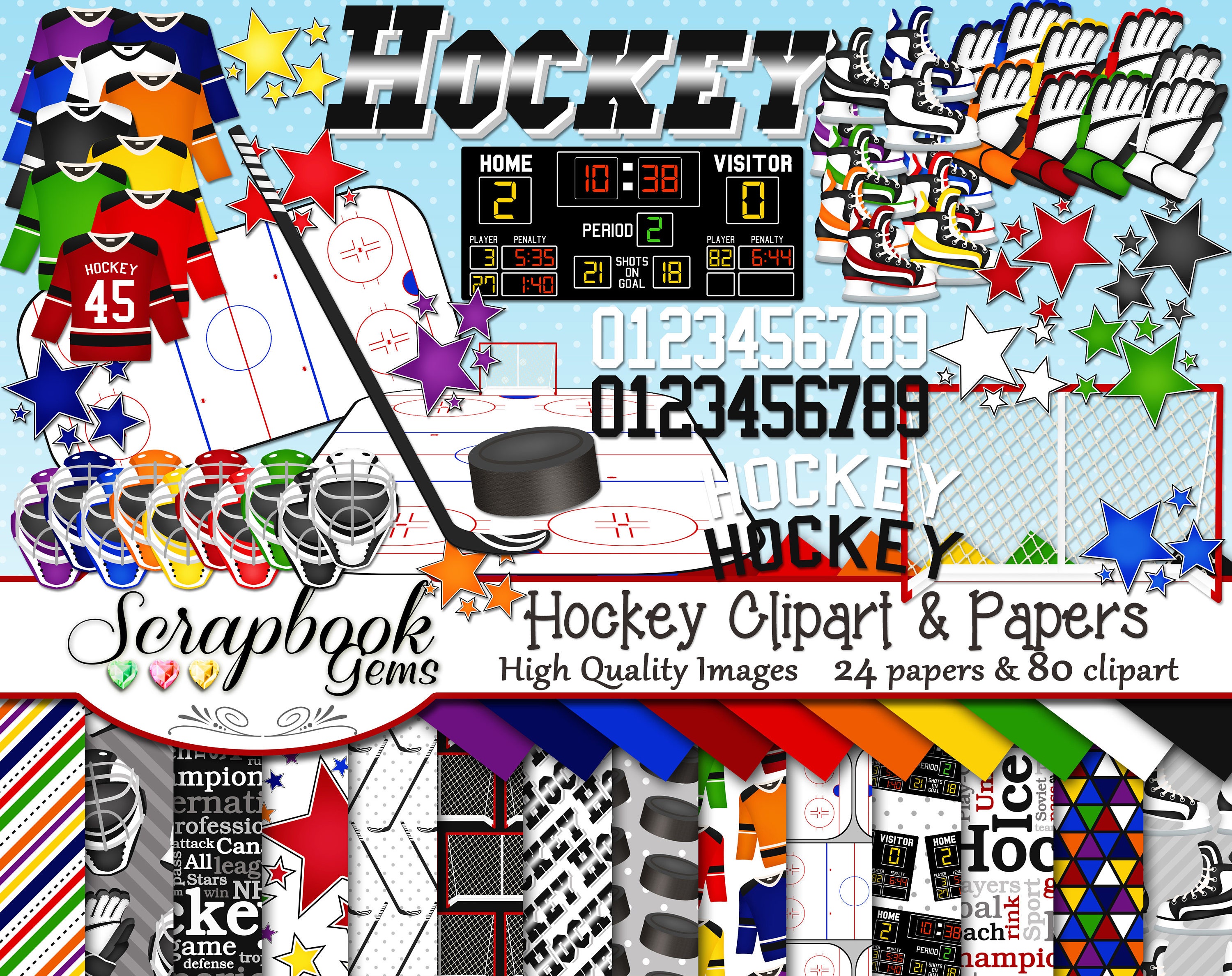 HOCKEY Clipart and Papers Kit 80 png Clip Arts 24 jpeg