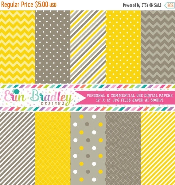 80% OFF SALE Digital Scrapbook Paper Yellow and Grey Brown