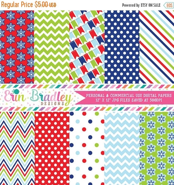 80% OFF SALE Digital Papers Red Blue Green Winter Digital