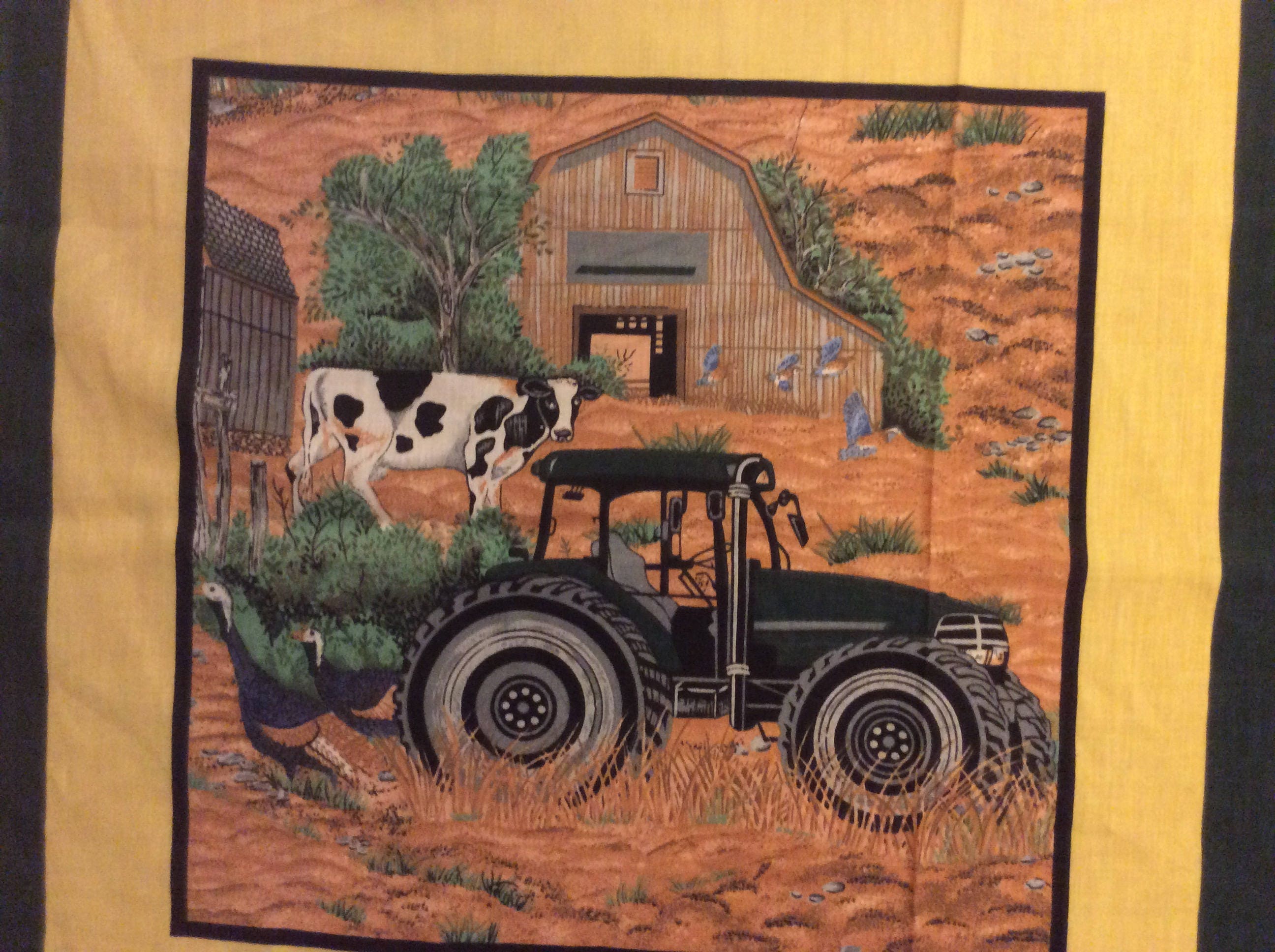 A Wonderful Farming Tractors With Barn And Cows In The Field Fabric ...
