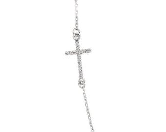 Large 14k Gold Off-Center Sideways Cross Necklace