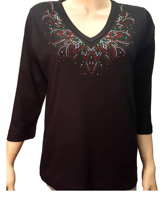 Christmas Festive Neckline Shirt with Rhinestone