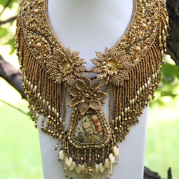 Bead Embroidery Necklace Big Bib Necklace gold beadwork art