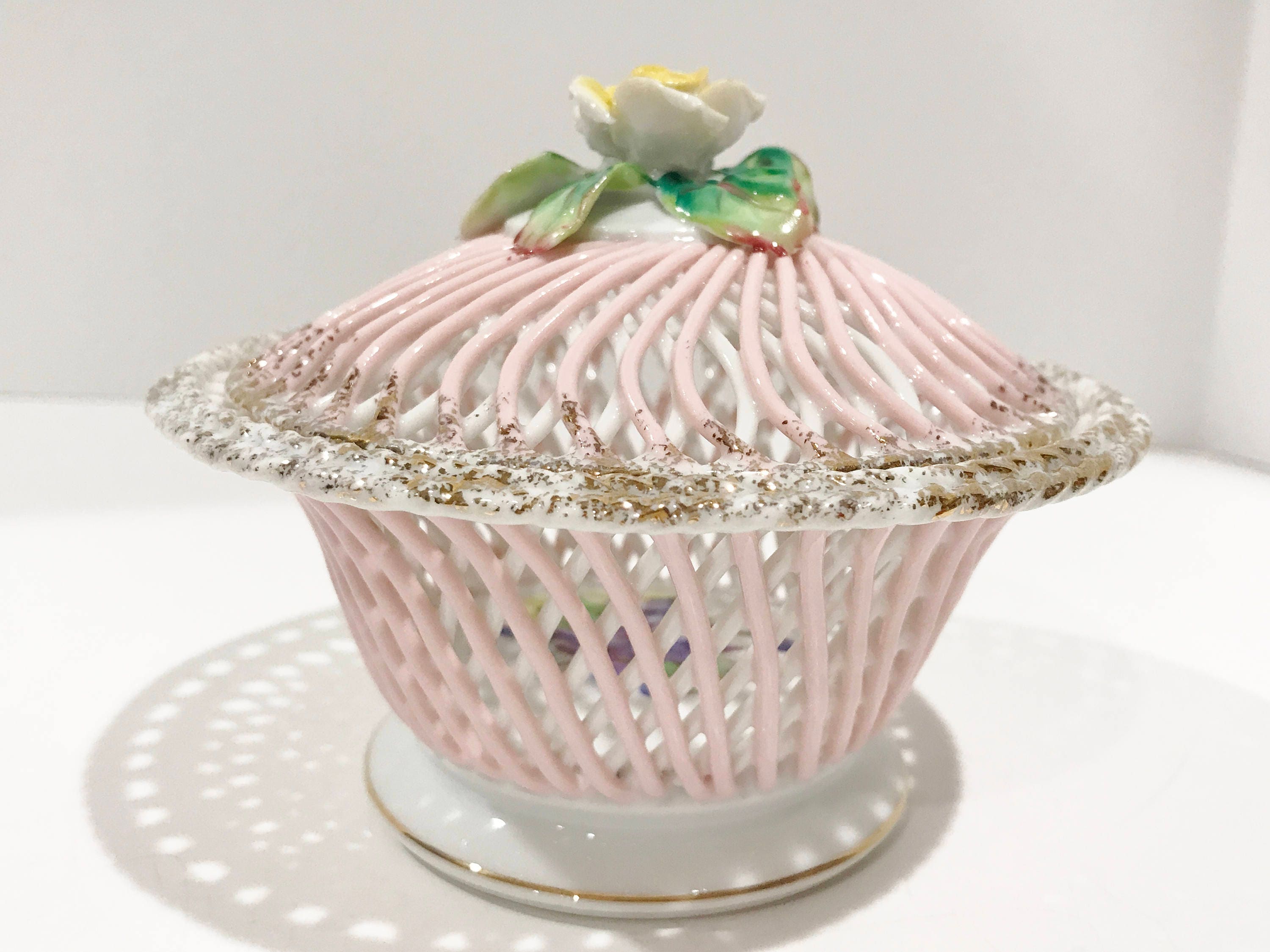 Basket Weave Porcelain, Herend Style Covered Container, Cane Ware ...