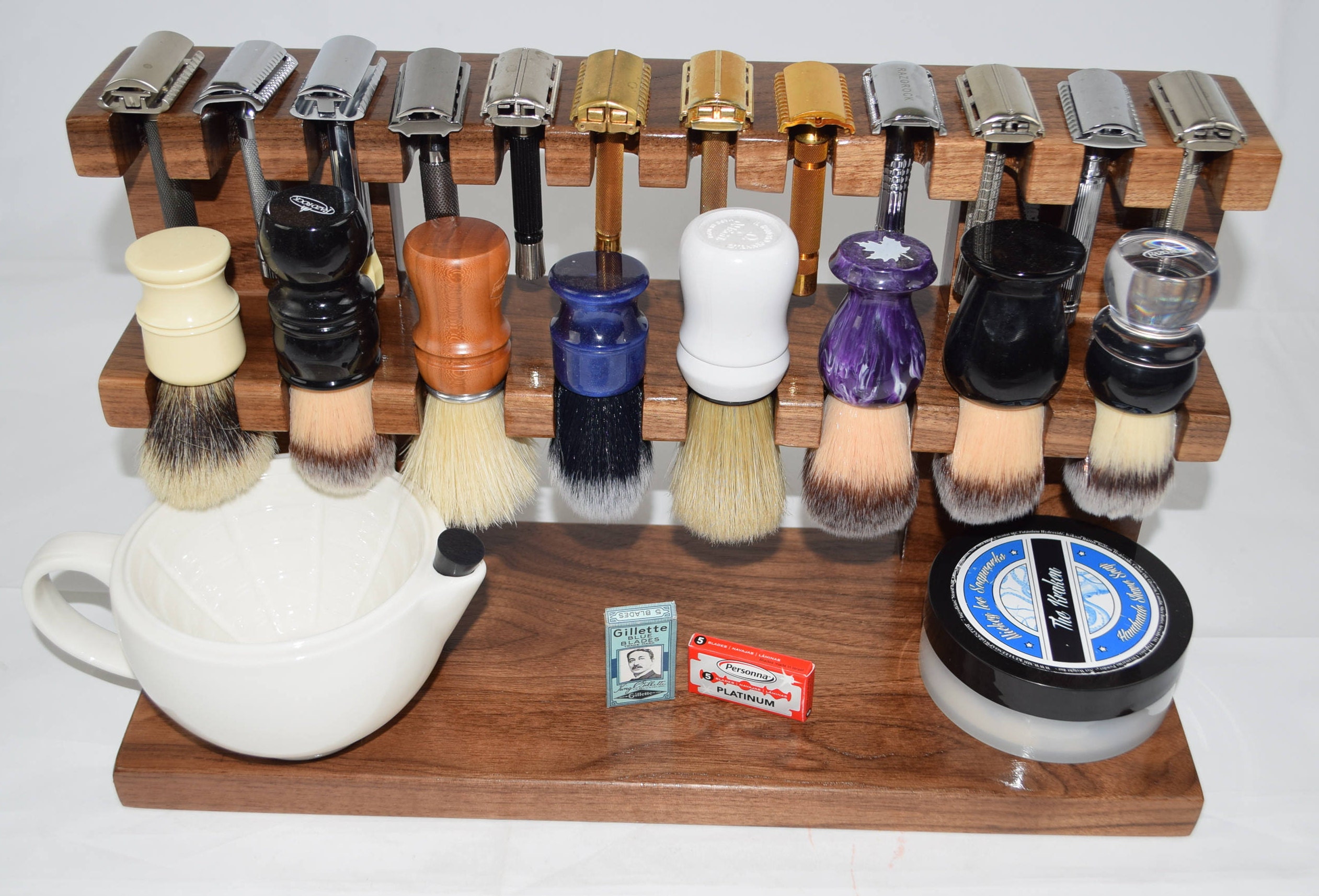 The Ultimate Wood shaving Razor and Brush double decker stand