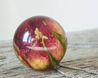 Real Light Pink Rosebud Resin Sphere ring Pressed Flower