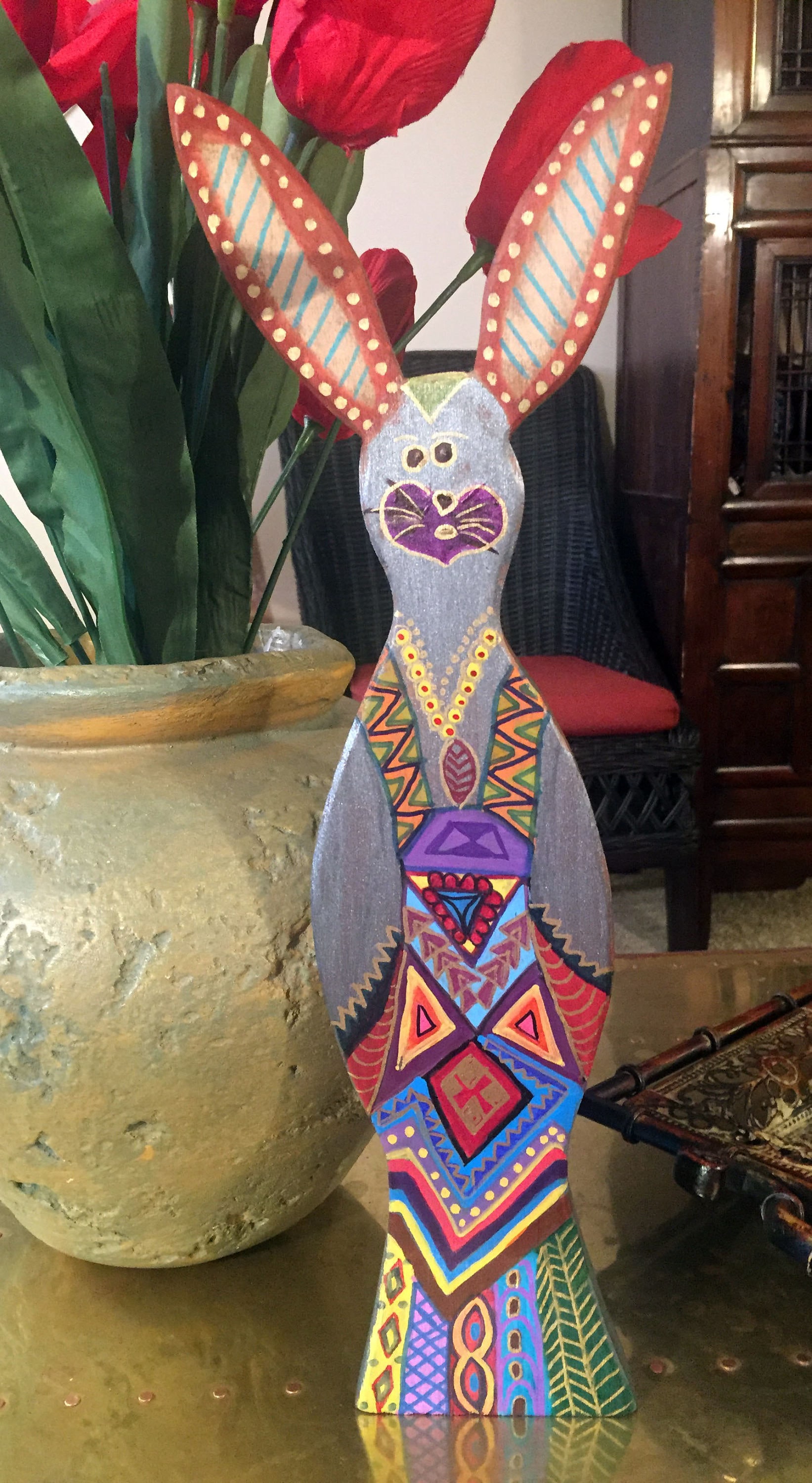 Hand Painted Bohemian Funky Dressed Wood Rabbit