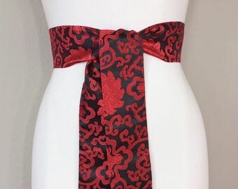 Black Satin Sash in Rose Jacquard Black Rose Sash Brocade