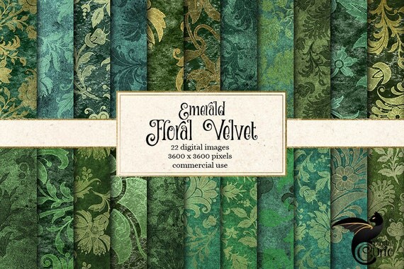 Emerald Floral Velvet Digital Paper Emerald Scrapbook Paper