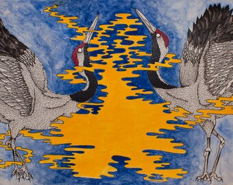Dancing Cranes Original Linocut