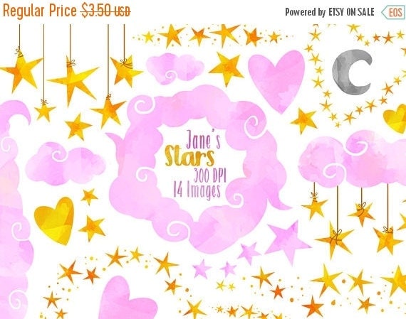 50% OFF Watercolor Pink Stars and Clouds Clipart Star